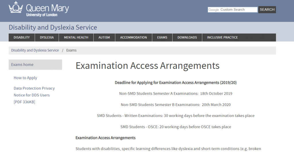 Section: DDS Examination Access Arrangements | Student Support | MyQMUL